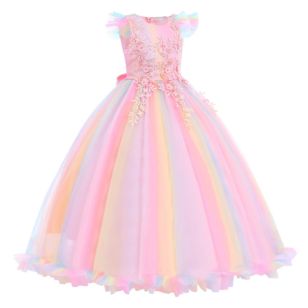 Little Big Girls Rainbow Costume Pageant Princess Party Tulle Dress Kids Floral First Communion Wedding Birthday Halloween Christmas Carnival Long Maxi Ball Gown Rainbow 7-8 Years