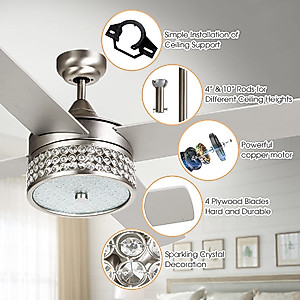 Parrot Uncle Ceiling Fans with Lights and Remote 52 Inch Bedroom Ceiling Fan with Lights Modern Outdoor Ceiling Fans for Covered Patios, Brushed Nickel