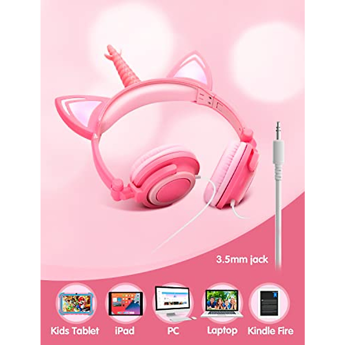 ONTA Unicorn Kids Headphones, Cat Ear LED Light Up Foldable Earphone Wired Over On Ear for Girls Boys,Kids Headband Toddler Tablet for School Supply/Travel/Holiday/Birthday/Cosplay Gifts(Peach)