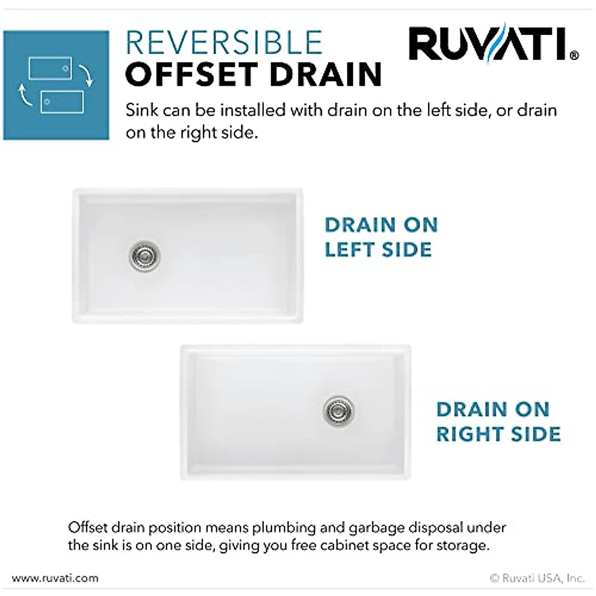 Ruvati 30-inch Fireclay Farmhouse Offset Drain Kitchen Sink Single Bowl White - Left Drain - RVL2018WL