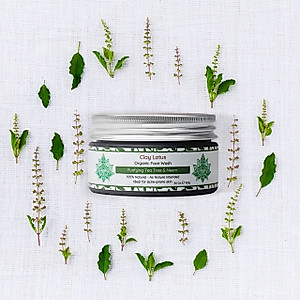 Clay Lotus Organic Face Wash - Acne-Prone, Oily Skin Cleanser with Tea Tree Oil & Neem. All-Natural Ingredients for Blemishes, Redness & Blackheads, Vegan Formula For Teens, Women and Men