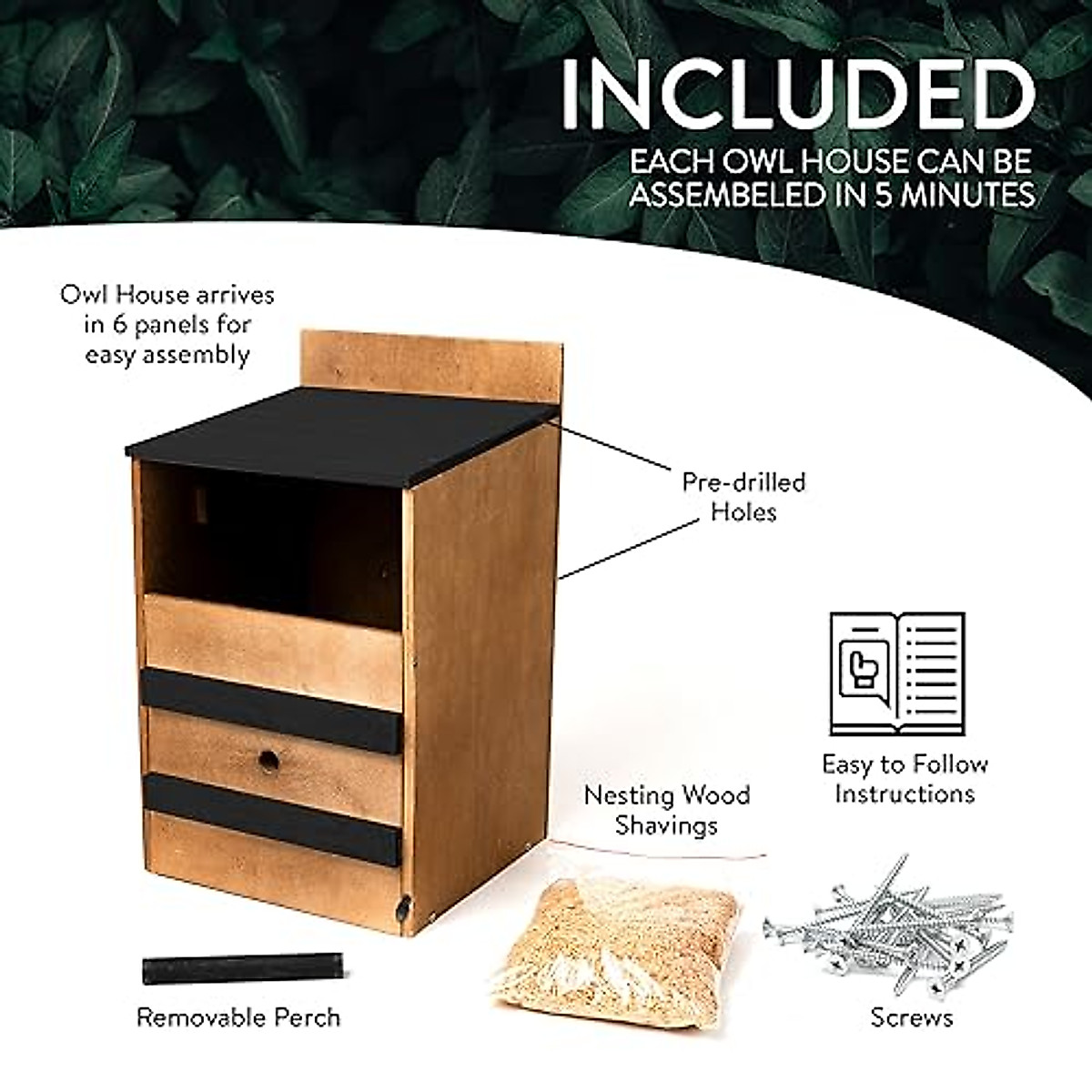 Kind Innovations Owl House DIY Easy Build Kit Owl Nesting Boxes Owl w/Perch Box for Outside Screech Owl Nesting Box Barn Owl bat Houses for Outdoors Owls Nest Squirrel Nesting Box (Flat Roof)