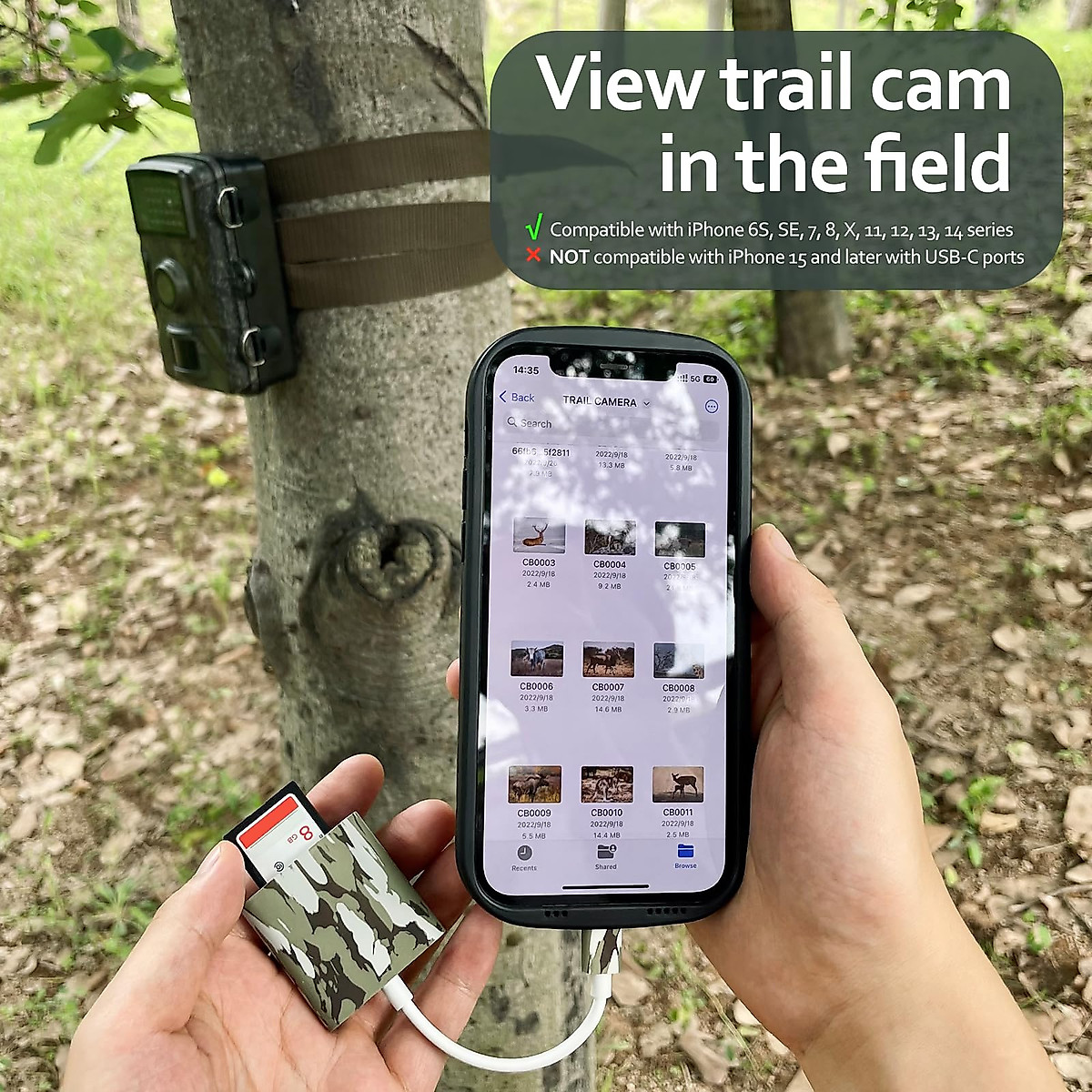 Trail Camera Viewer, Plug & Play for Hunters to View Images and Videos from Game Camera for iPhone 6S, SE, 7, 8, X, 11, 12, 13, 14 Series