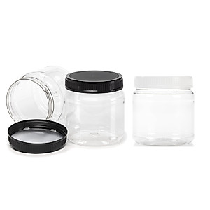 Juce Jugz 43 oz. Large Round Clear Plastic Jars with Black Ribbed Lids (6/Pack)