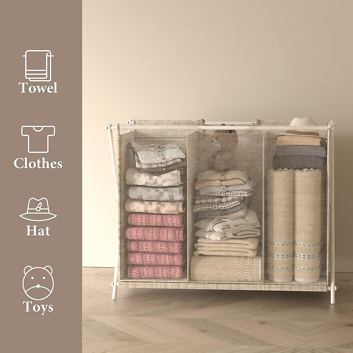 Laundry Sorter 3 Section Laundry Basket Laundry Hamper Clothes Toys Room Organizer Foldable Metal Frame Storage Organizer for Bathroom Nursery