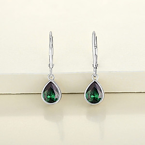 YL Women's Solitaire Dangle Drop Earrings Sterling Silver Teardrop Leverback Earrings Created Emerald Jewelry Gifts