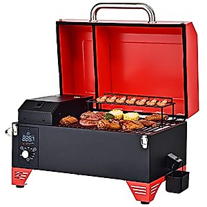 Giantex Portable Pellet Grill and Smoker, 8 in 1 Tabletop Pellet Grill, 256 sq.in Cooking Area Temperature 180°F to 500°F, Outdoor Wood Pellet Smoker for BBQ Camping Tailgating RV Cooking (Red)