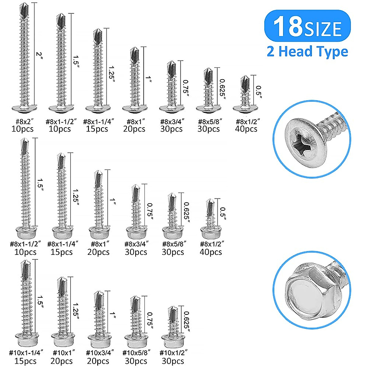 Self Drilling Screws, 420pcs Self Tapping Screws for Metal 410 Stainless Steel Sheet Metal Screws #8#10, CGBOOM Wafer Head&Washer TEK Head Screws for Building and Repair