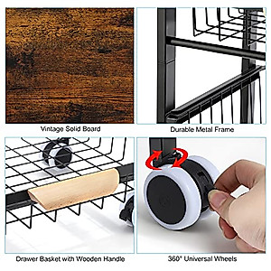 Kitchen Storage Rolling Cart, Kitchen Cart with Lockable Wheels, 5 Tier Metal Wire Basket Shelf Rolling Storage Cart with Wooden Handle, Wood Cover Top Kitchen Island Cart for Home, Office