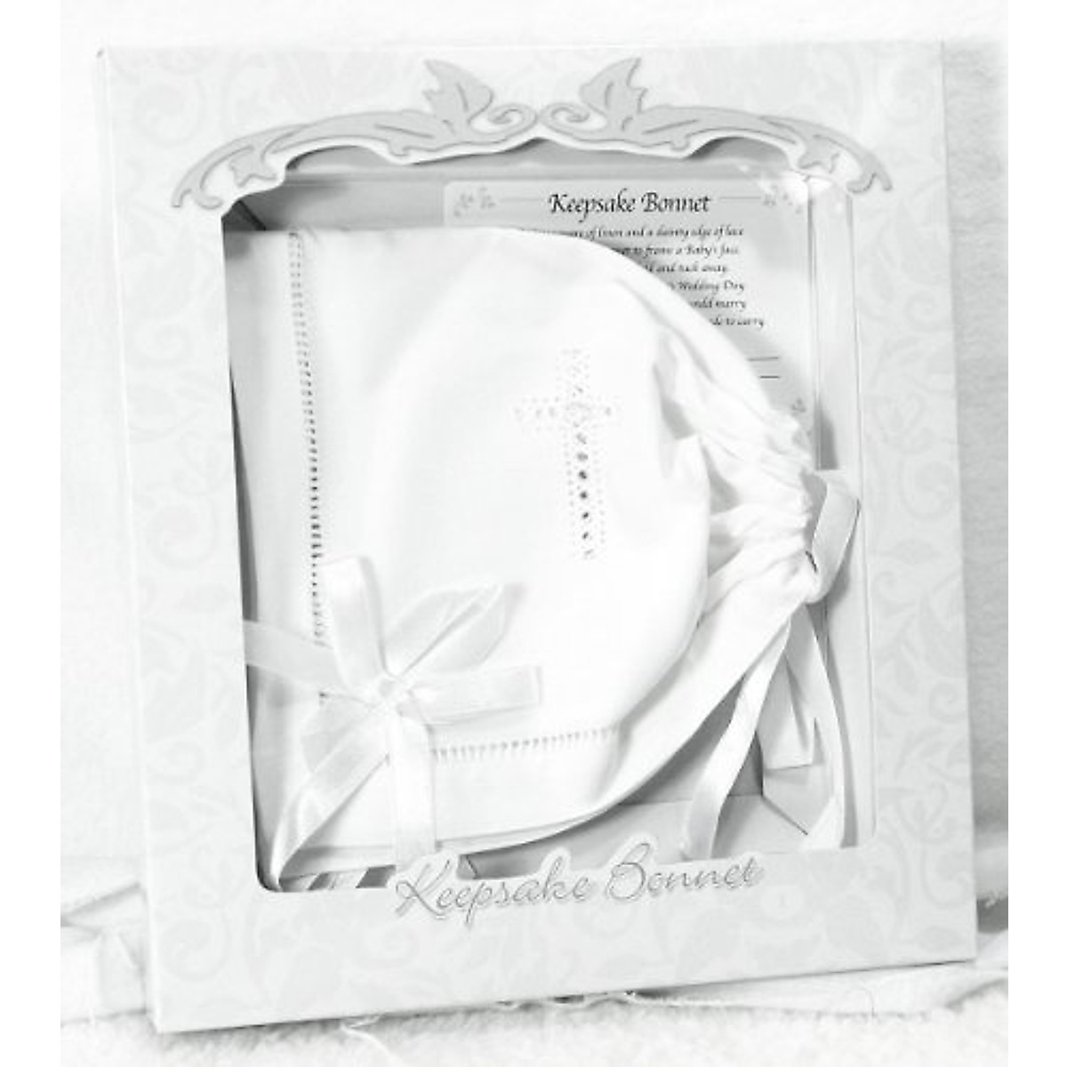 Stephan Baby Bonnets - White Cotton Christening Bonnet with Cutwork Embroidered Cross and Satin Bows, One Size, Straight Hem