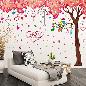 Giant Huge Pink Cherry Tree Wall Decals Cute Cartoon Removable Large Tree Lovely Heart Shape Wall Sticker Peel Stick for Kids Girls Bedroom Livingroom TV Background