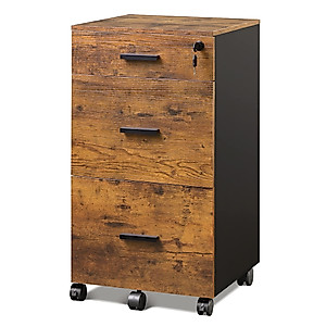 DEVAISE 3 Drawer Rolling File Cabinet with Lock, Wood Filing Cabinet fits Letter / A4 Size for Home Office, Rustic Brown