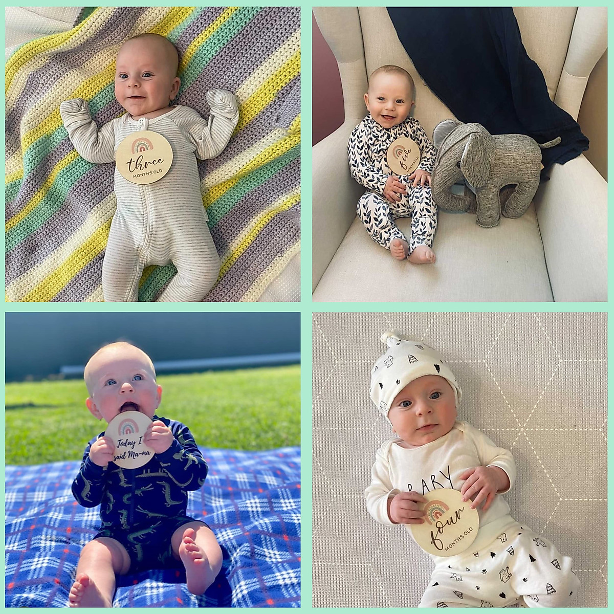 Baby Months Signs - Set of 14 Wooden Double Sided Baby Milestone Cards Including a Special Hello World Disc - Take a Picture and Celebrate Each Baby Age Milestone with These Milestone Wooden Circles