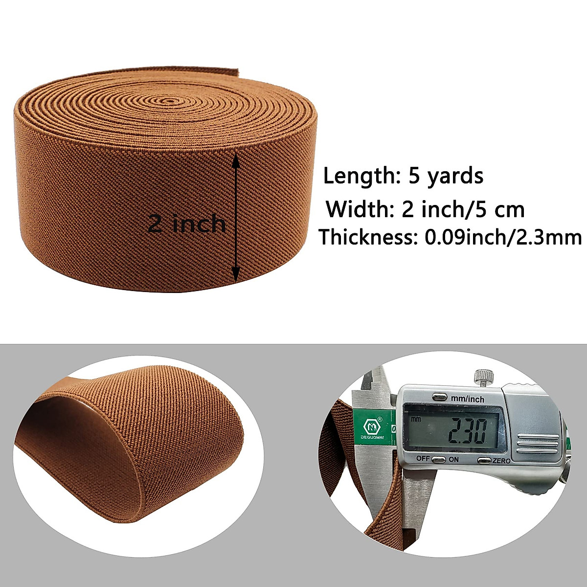 Dortrue 2 Inch 5 Yards Brown Sewing Elastic Band Heavy Stretch High Elasticity Elastic Spool for Sewing Pants Waistband, Straps, Craft DIY Projects