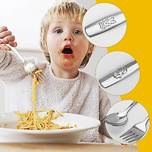 HANSGO 12PCS Children Safe Forks and Spoons, Silverware for Kids Cutlery Set Toddler Utensils Stainless Steel Tableware with Bunny and Puppy Motifs