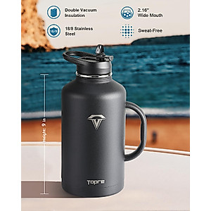 Topre Half Gallon Water Bottle with Straw and Lid, 64 oz Insulated Stainless Steel Jug with Handle,Reusable Metal Travel Flask Mug Cup With Carry Pouch and Brush,Keep Cold & Hot,Black