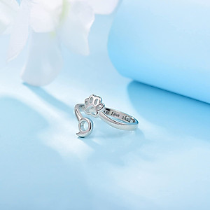 ZGBY Semicolon Ring S925 Sterling Silver Pet Lovers Paw Print Adjustable Ring Sweet Pet Animal Jewelry We are Family Love Dog Cat Claw Ring (Style A)