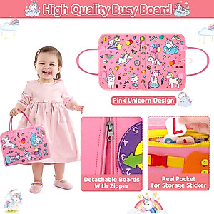 SPLAKS Toddler Busy Board with DIY Page, 20 in 1 Montessori Toys Sensory Activity Toys Preschool Educational Toys to Learn Basic Skills, for Airplane Car Travel (Pink)