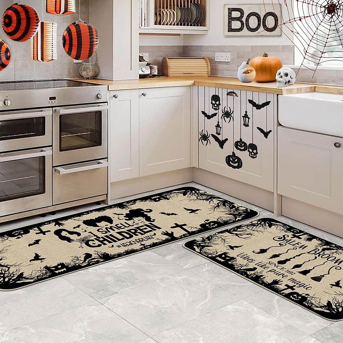 cusugbaso Halloween Kitchen Mats, Witches Kitchen Rugs Set of 2 - I Smell Children Halloween Kitchen Decor for Floor - Halloween Decorations for Home 17"x27+17"x47"