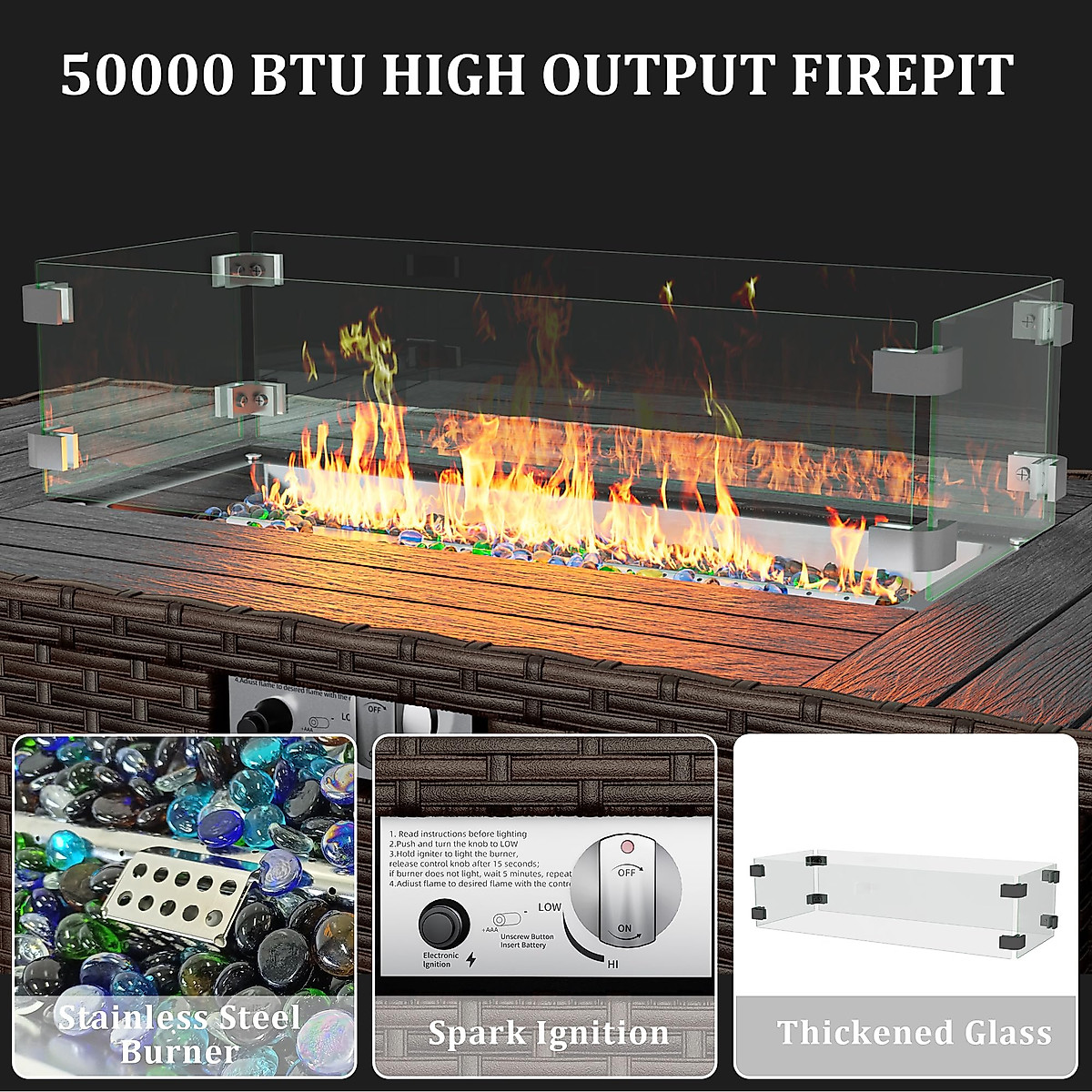 VONZOY 8 Pieces Outdoor Patio Furniture Set with 44" Fire Pit Table Rattan Sectional Conversation Sets w/Gas Fire Pit, Coffee Table, 2 Waterproof Covers, Dark Grey