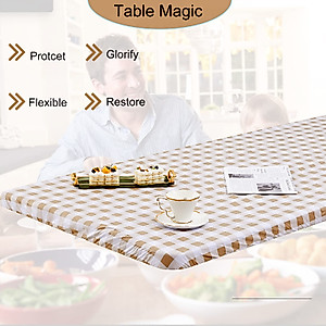 6ft Rectangle Elastic Fitted Tablecloth, Waterproof Spill-Proof Edged Vinyl Table Cover Khaki Checkered Printed with Flannel Baking, Easy to Wipe Off Stains, Great for Picnic Party Outdoor Patio