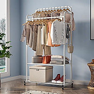 Clothes Rack with Shelves,Double Rod Clothing Garment Rack on Wheels Clothes Drying Rack for Indoor Bedroom Living Room (White)