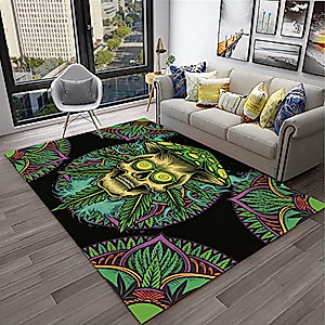 LGGQQW Trippy Weed Psychedelic Mushroom Skull Area Rug Hippie Green Plants Carpet for Bedroom Living Room Decor