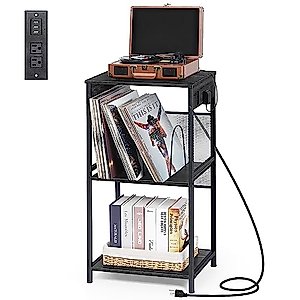Melos Record Player Table with Charging Station, 3-Tier Record Player Stand, Vinyl Record Storage Cabinet Turntable Stand with Record Storage, End Table Nightstand for Living Room Bedroom, Black