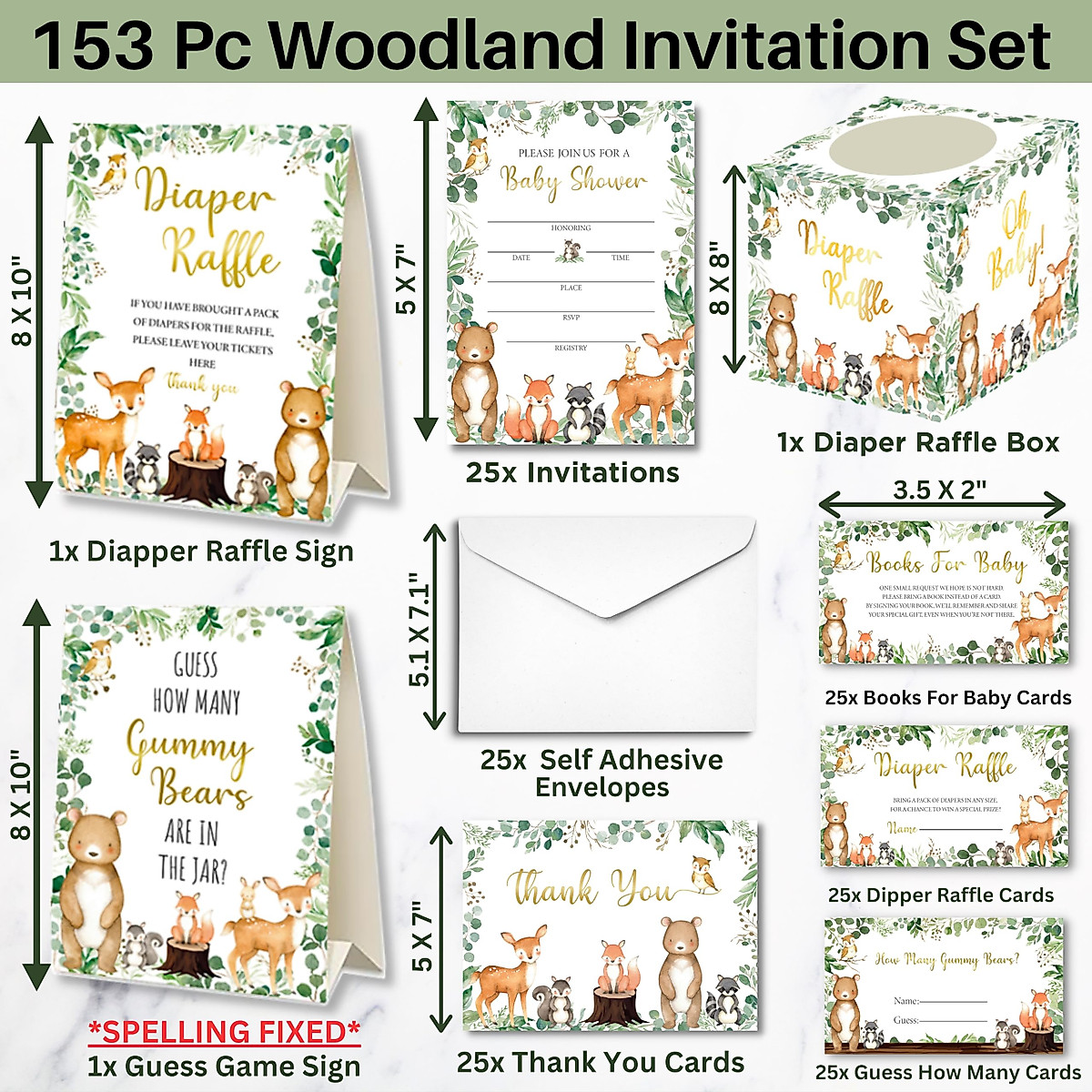 153 Pc Woodland Baby Shower Invitations For Boy And Girl With Envelopes, Baby Thank You Cards, Book Request Cards, Diaper Raffle Box With Ticket & Sign, Guess How Many Baby Shower Game -25 Guest Set