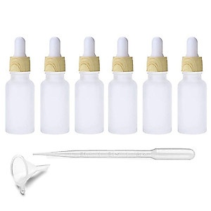 6Pcs 20ml Empty Refillable Translucent Frosted Glass Dropper Bottles Perfume Essential Oil Lotion Liquid Vials Container Sample Sub-bottles with Plastic Wood Grain Cap, 1 Funnel+1 3ml Transfer Dropper