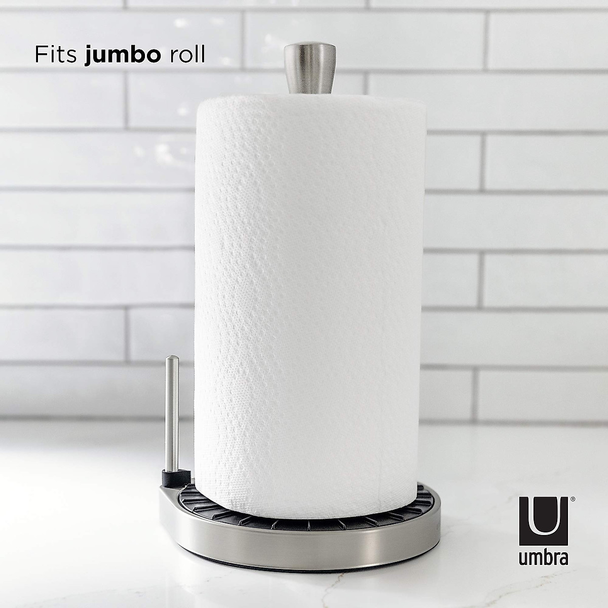 Umbra Spin Click N Tear Paper Towel Holder Stand for Countertop - One-Handed Tear, Nickel/Black