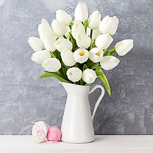 EZFLOWERY 10 Heads Artificial Tulips Flowers Real Touch Arrangement Bouquet for Home Room Office Party Wedding Decoration, Excellent Gift Idea for Mothers Day (10, White)