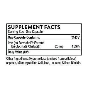 Thorne Iron Bisglycinate - 25 mg - Optimal Absorption - Support Red Blood Cell Formation - Fight Fatigue and Other Symptoms of Iron Deficiency - NSF Certified for Sport - Gluten-Free - 60 Capsules