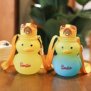 ZTGD Cute Water Bottle 650ml for Student,Lady,Kid,Kawaii Leakproof Duck Water Cup with Straw Lock Design Suspender One Key Open and Transparent Lid Blue