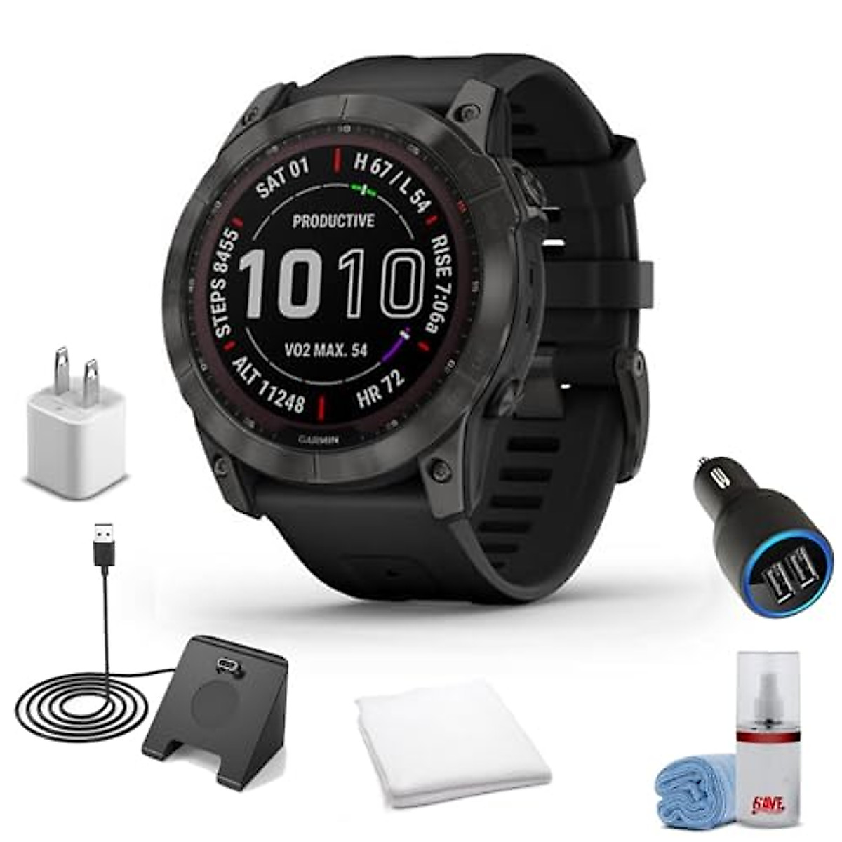 Garmin Fenix 7X Sapphire Solar Edition Smart Watch Carbon Gray Titanium with Black Band (51mm) + Watch Charging Stand + USB Car/Wall Adapter + 6TH AVE Cleaning Kit + Sweat Workout Towel (010-02541-10)