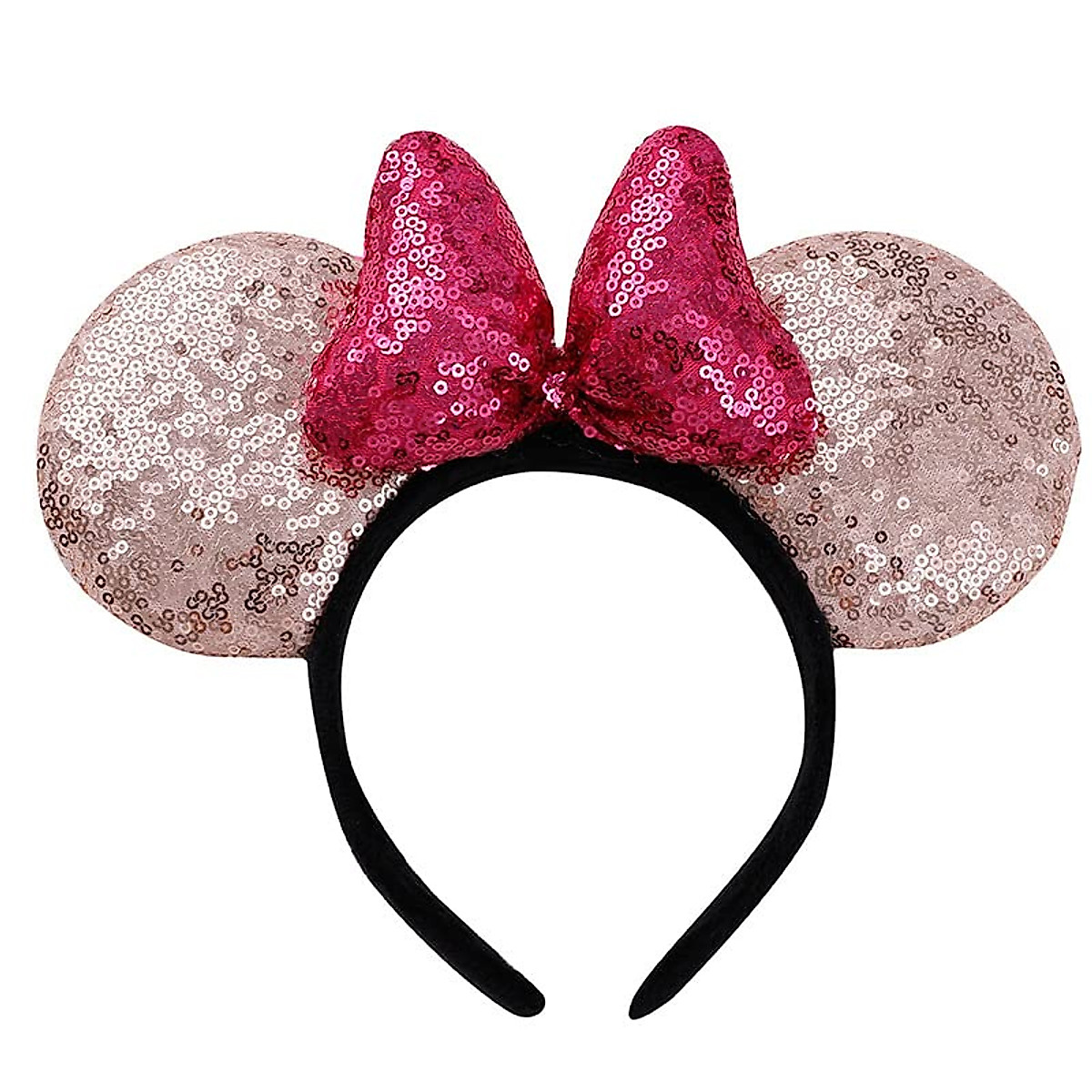 Jieneal Minnie Mouse Ears Set of 2 Sequin Headband Disney world accessories for trip and Hair accessories for Kids or Women(Champagne Rose& Black Red)