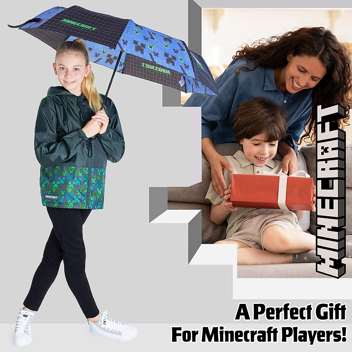 Minecraft Kids Folding Umbrellas, Durable & Compact Umbrella, Windproof Travel Umbrella for Boys and Girls (Black/Blue)