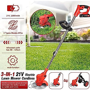 Weed Wacker Battery Operated Edger Trimmer 21V 2000mAh, Electric Weed Eater Cordless Brush Cutter, 3-in-1 Lawn Edger Grass Trimmer Adjustable Mini Lawn Mower, 8 Blades, 1 Wheel, 2 Batteries,1 Charger