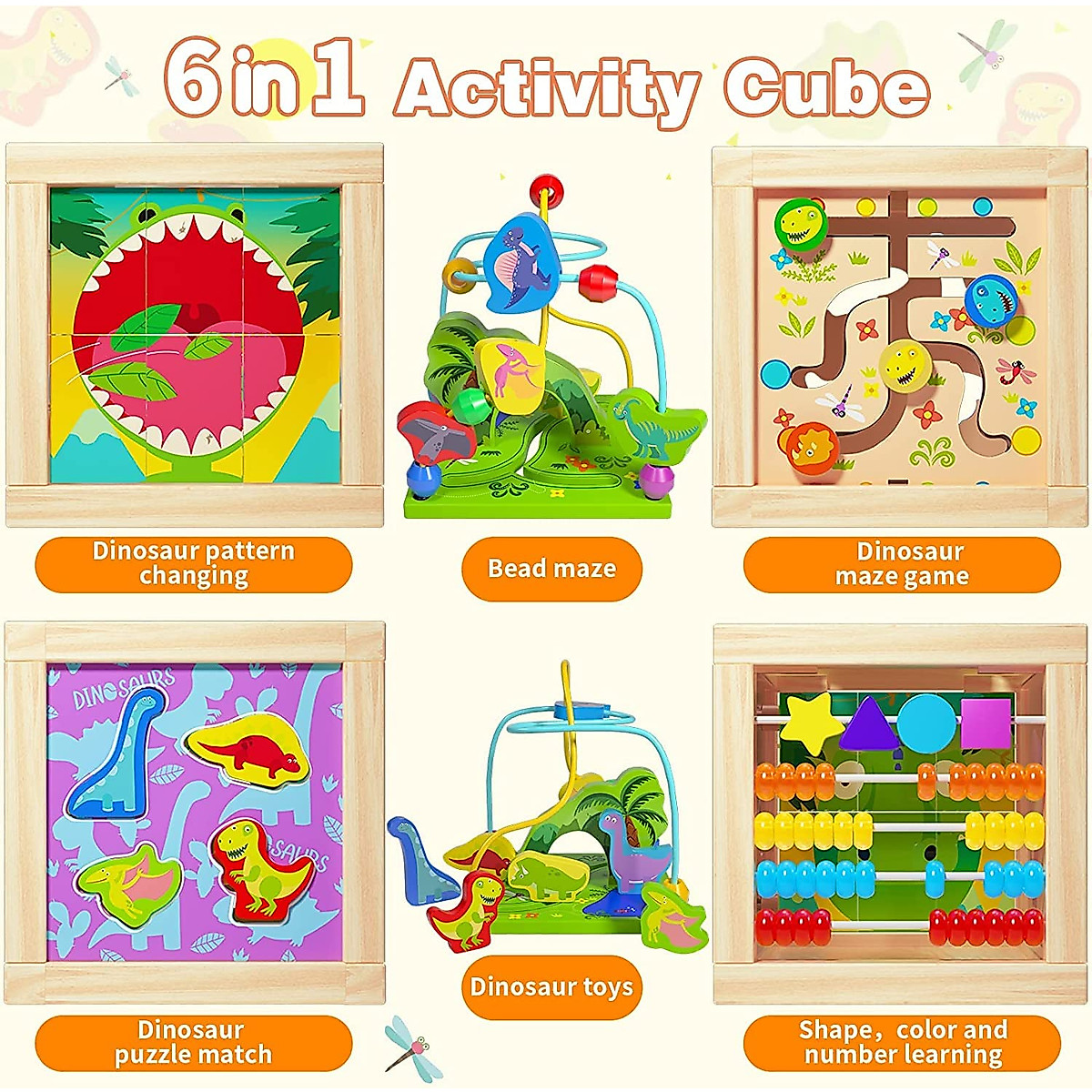 Fajiabao Wooden Baby Activity Cube 6-in-1 Montessori Toys Dinosaur Play Center Blocks Kids Bead Maze Shape Sorter Sensory Toys for Toddlers 6 12 9 18 Months 1 2 3 Year Old Boys Girls Birthday Gift