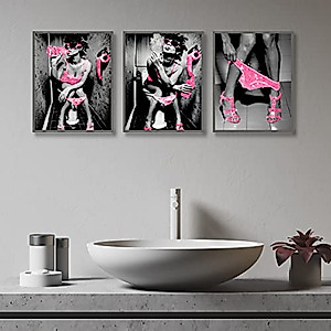 Luodroduo Fashion Wall Art Bathroom Decor Prints Set of 6 Pink Glam Glitter Tissue Canvas Posters Pictures Photos Funny Modern Women Bathroom Toilet Artwork Wall Black and White (8"x10" UNFRAMED)