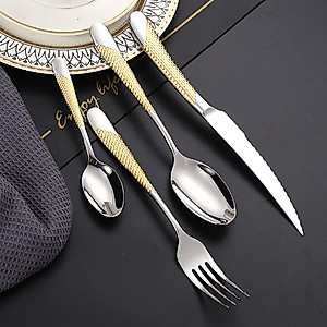 Gold Hammered Silverware Set for 6 Modern Cutlery Utensils 18/10 Stainless Steel Flatware Set 24 Piece Include Knives Forks and Spoons Tableware Set for Home Kitchen Wedding Restaurant Party (Color :