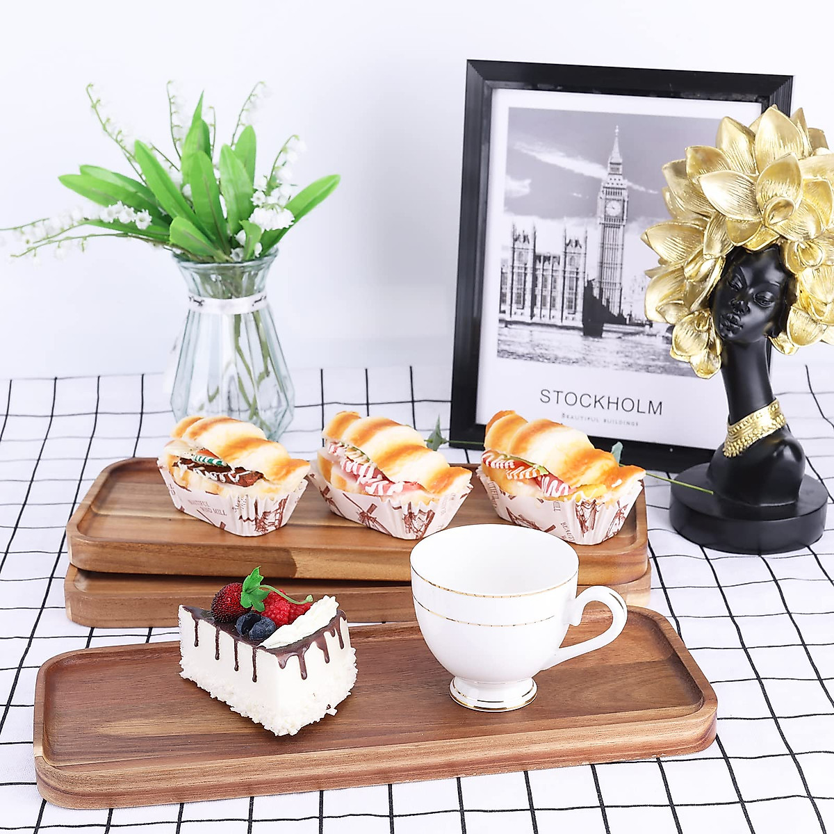 Solid Acacia Wood Serving Trays and Platters (14 x 5.5 in) Rectangular Wooden Serving Platters,Wood Boards for Food, Vegetables, Fruit, Charcuterie, Appetizer Serving Tray, Cheese Board (3 pcs)