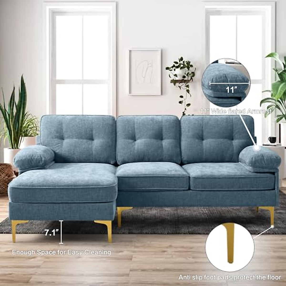 EASELAND 82" L-Shape Sofa with Reversible Chaise Lounge, Convertible Sectional Sofa Couch, Chenille Modern Sofa Couch for Living Room, Apartment and Office, Removable Cover (Light Blue)