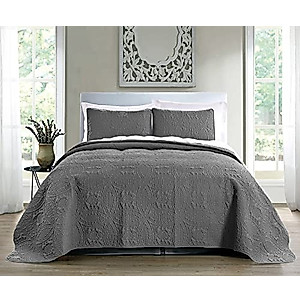 Quilt Set King/Cal King/California King Size Dark Grey - Oversized Bedspread - Soft Microfiber Lightweight Coverlet for All Season - 3 Piece Includes 1 Quilt and 2 Shams, Geometric Pattern