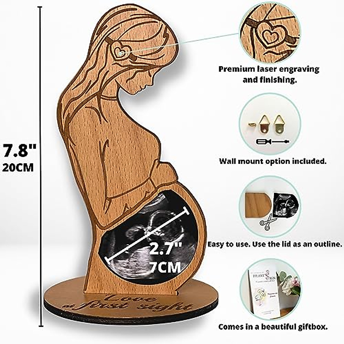 Heart's Sign Baby Ultrasound Photo Frame - Expecting Mom Gift for Pregnant Friend | Pregnant Wife Gifts From Husband | Sonogram Frame Gift for Pregnant Women (Natural Wood - 7.8x4.7'')
