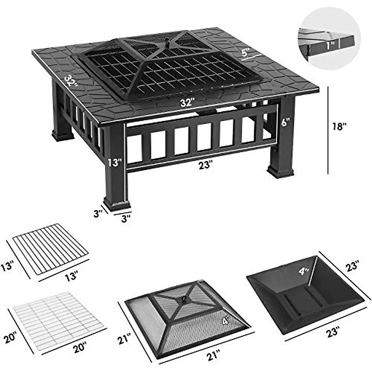 LEAYAN Garden Fire Pit Grill Bowl Grill Barbecue Rack Outdoor Fire Pit Table,3 in 1 Fire Pit Metal Fire Pit Square Stove e Garden Patio Heater with BBQ Frames Waterproof Cover for Party Picnic