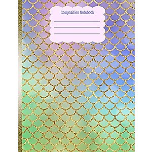 Composition Notebook: Mermaid Scales Pastels Gold Glitter Back To School Notebook For Girls