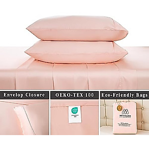 MEISHANG Bamboo Sheet Set Queen Size - 100% Pure Organic Viscose - 400TC Bamboo Cooling Bed Sheets Set - Fit 16 Inch Deep Pocket - 4 Piece Set Silky Soft Luxury - Queen, Light Pink
