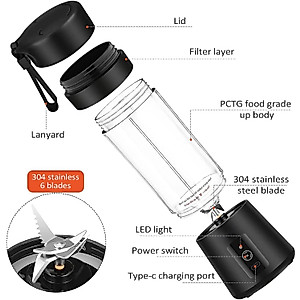 Portable Blender, Blender for Shakes and Smoothies, Personal Blender, Mini Shakes Juicer Cup 380ml USB Rechargeable with 6 Stainless Steel Blades for Kitchen,Sport and Travel, Black HSZZB X0316