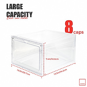 SCAVATA 6 Pack Hat Organizer Box, Stackable Clear Baseball Caps Holder Box Containers with Magnetic Door for Hats Snapback Cap Storag, Hat Rack Display Case, Holds 8 Hats Each (Clear)